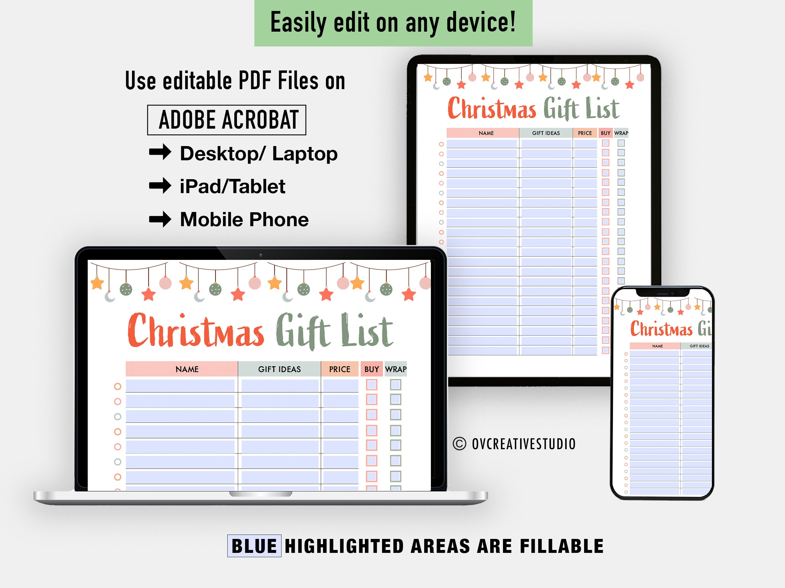 Christmas Gift List Printable | Fillable | Editable PDF | Christmas ...