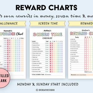 Editable Kids Chore Charts, Reward, Allowance, Screen Time, School ...