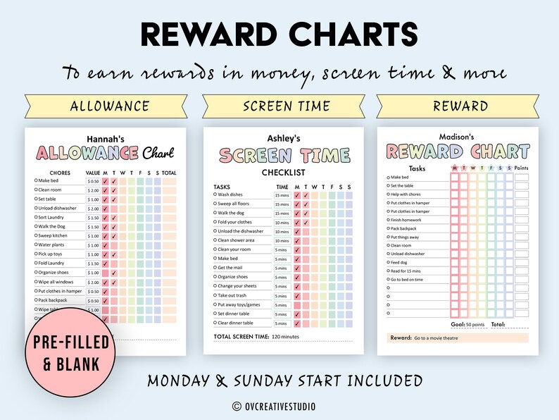 Editable Kids Chore Charts, Reward, Allowance, Screen Time, School ...