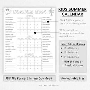 Summer Planner 2024 Kids Calendar Printable, Summer Bucket List, Summer ...
