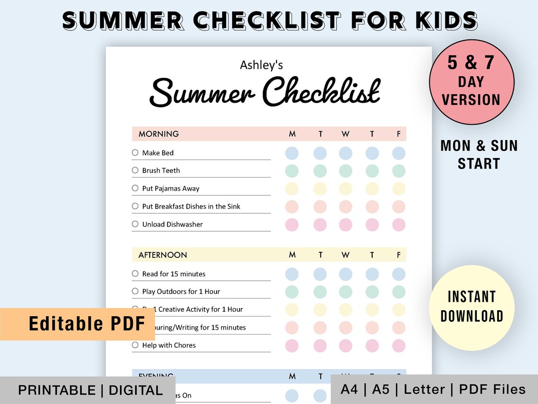 Editable Summer Checklist for Kids | Printable | Kids Responsibility ...
