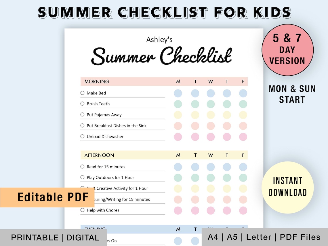 Editable Summer Checklist for Kids Printable Kids - Etsy