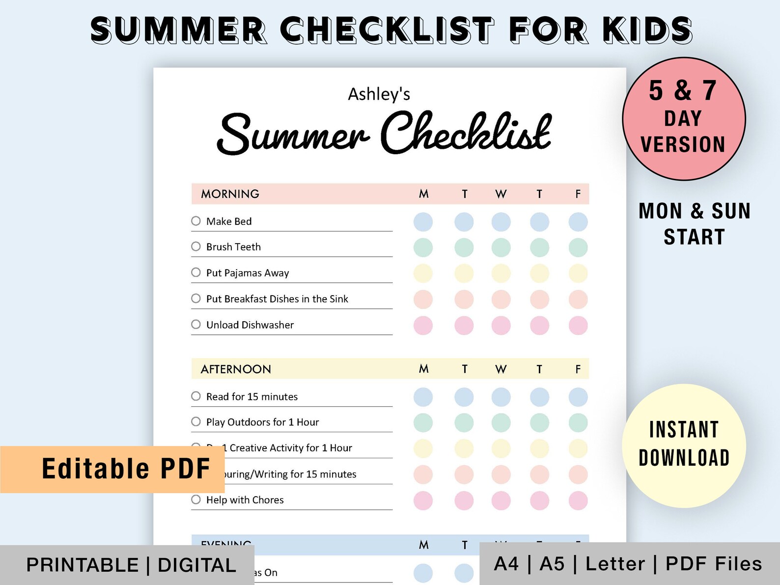 Editable Summer Checklist for Kids Printable Kids - Etsy