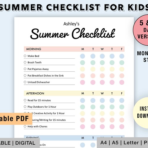 Editable Summer Checklist for Kids Printable Kids - Etsy