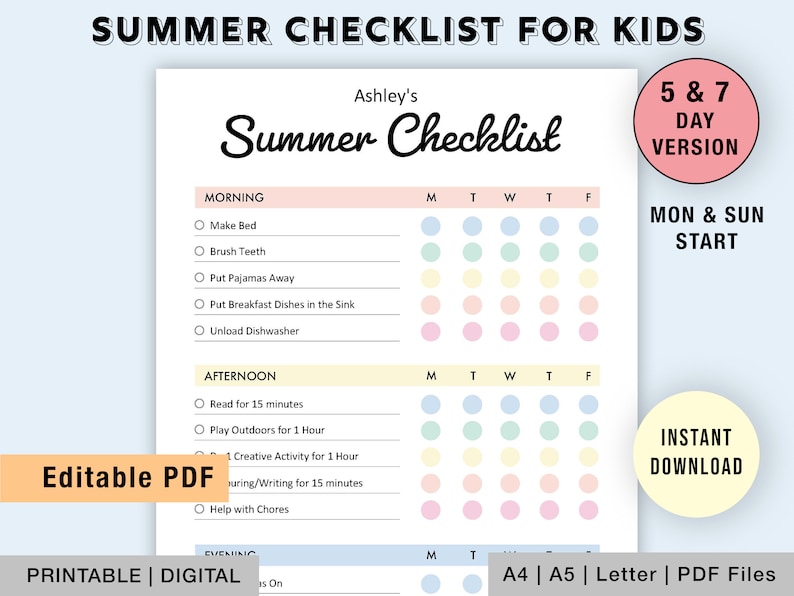 Editable Summer Checklist for Kids Printable Kids - Etsy