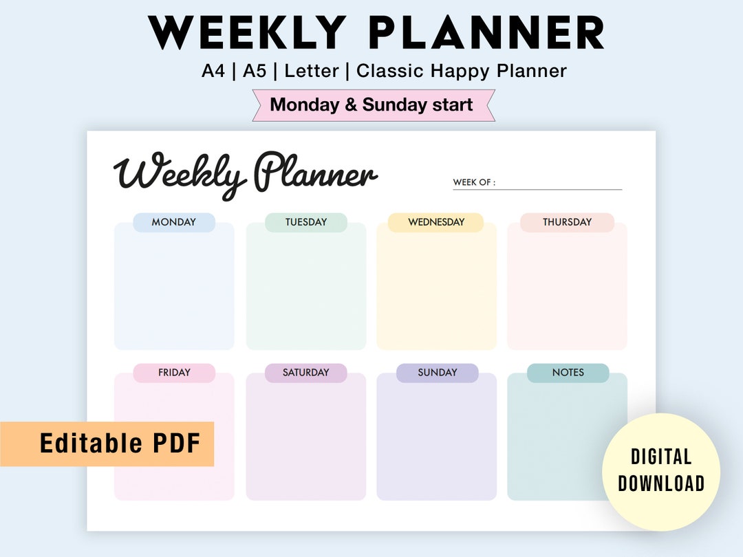 Editable Weekly Planner | Printable Weekly Planner Template | Week at A ...