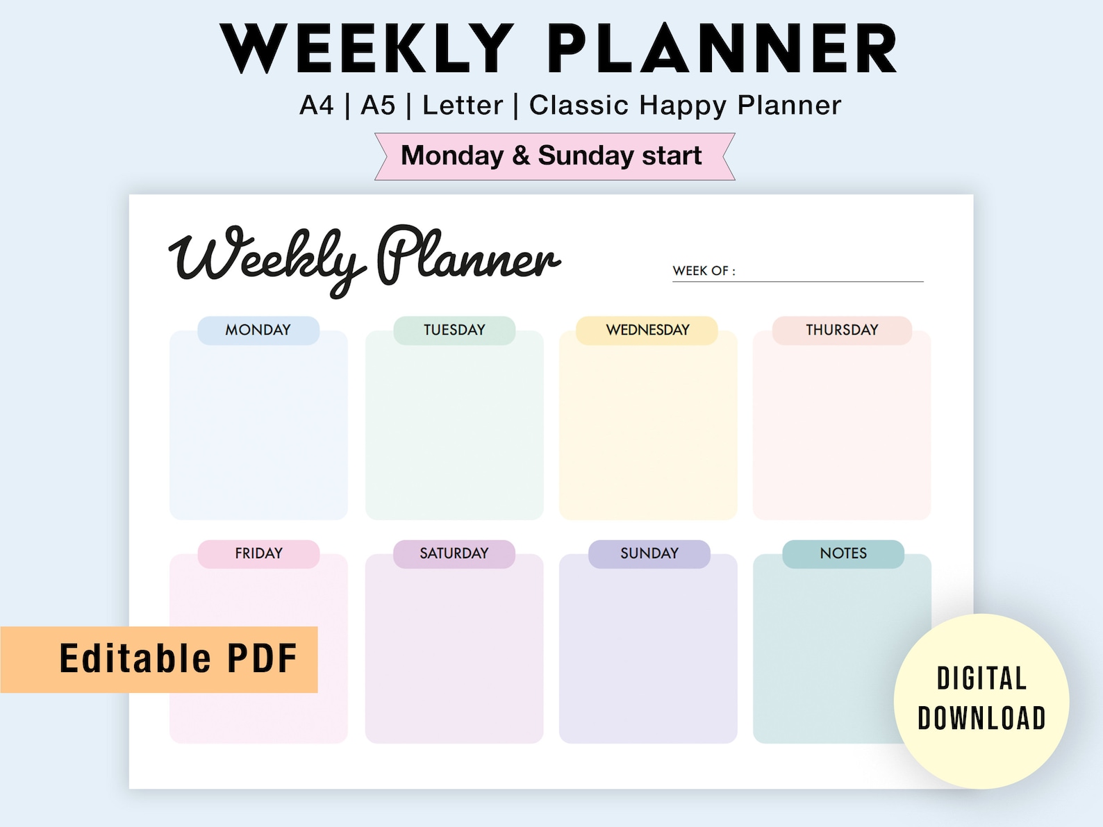 Editable Weekly Planner | Printable Weekly Planner Template | Week at A ...