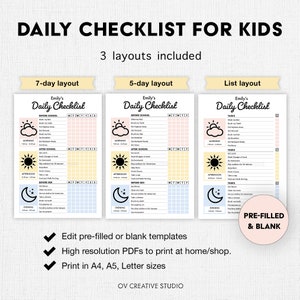 Editable Daily Checklist for Kids | Printable | Kids Responsibility ...
