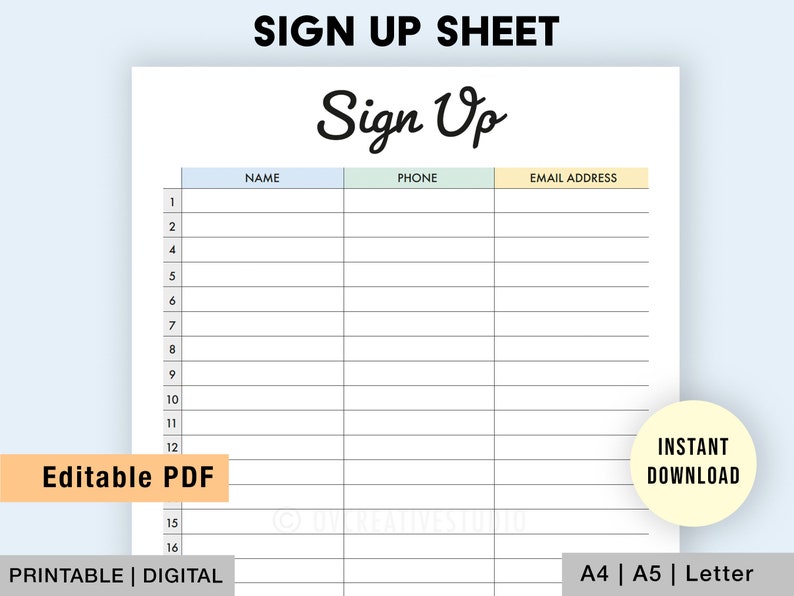 Editable Sign up Sheet Email Sign up Form Contact Details - Etsy