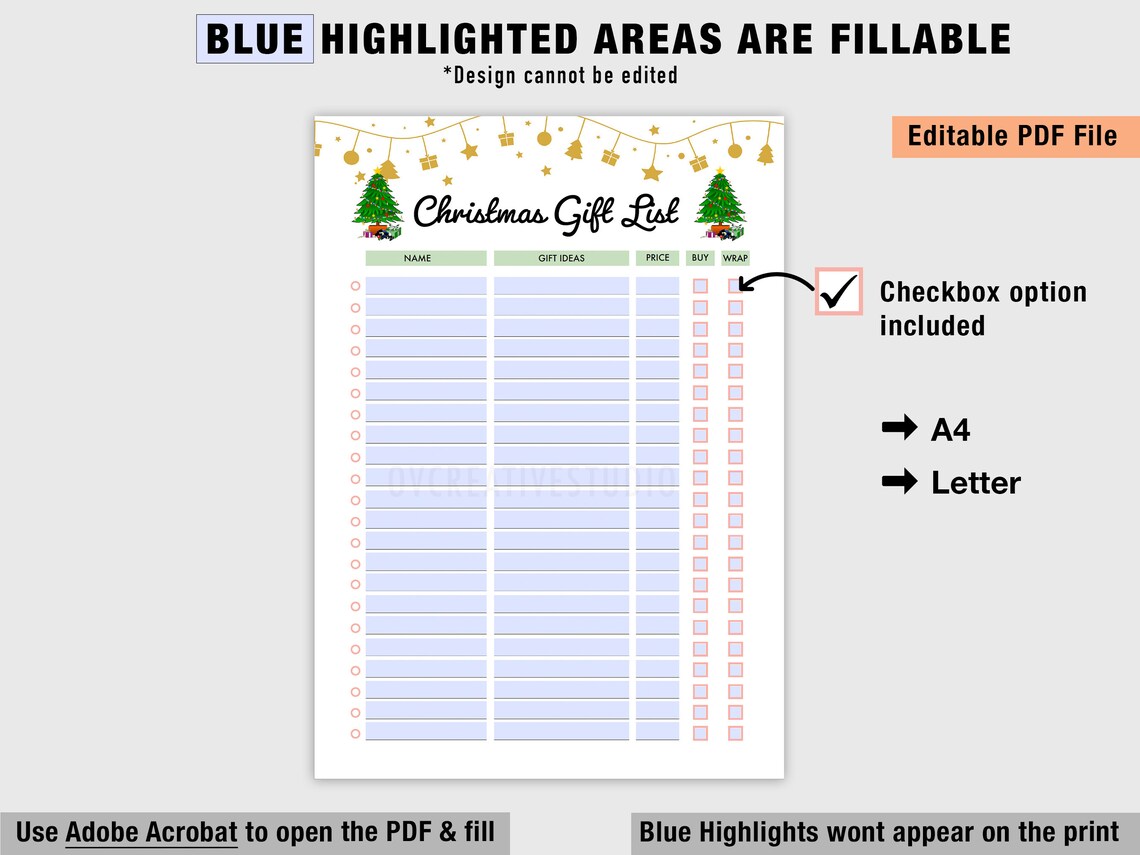 Christmas Gift List Printable Fillable Editable PDF - Etsy