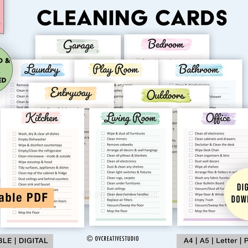 Editable Cleaning Cards Printable Cleaning Checklist House - Etsy