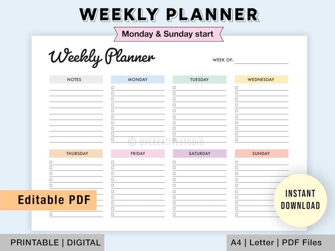 Editable Weekly Planner Printable Weekly Planner Template - Etsy UK