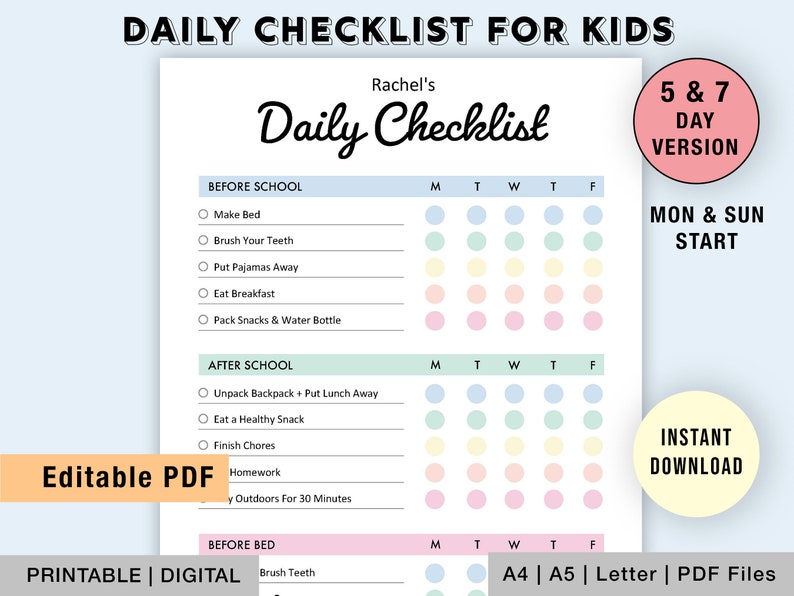 Editable Daily Checklist for Kids Printable Kids - Etsy UK