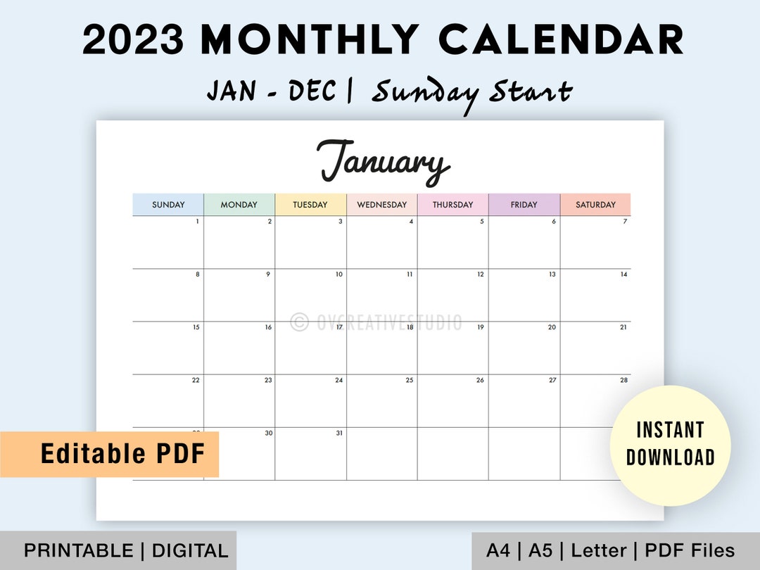 2023 Monthly Calendar Printable, Digital PDF Dated Monthly Calendar ...