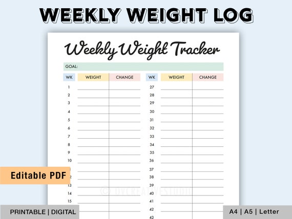 Editable Weekly Weight Tracker Weight Log Weight Loss - Etsy
