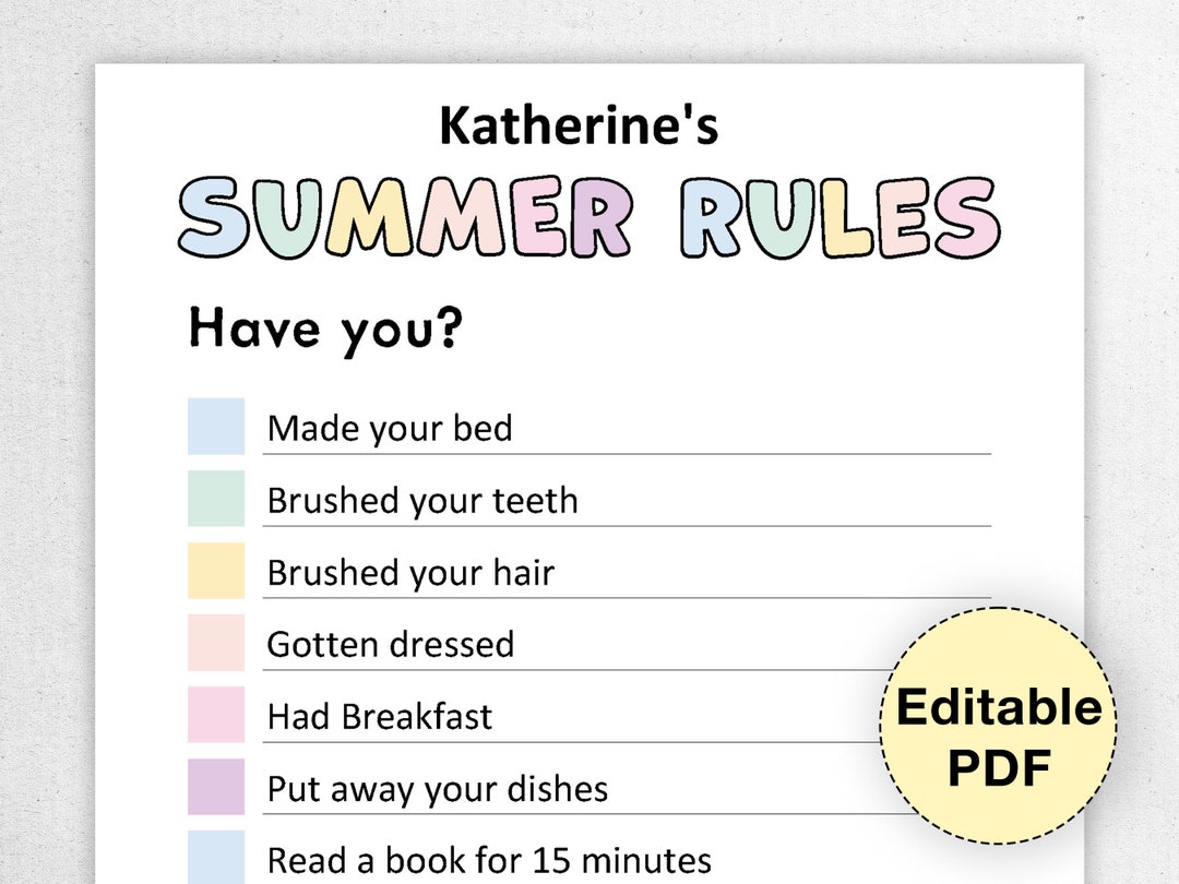 Editable Summer Rules for Kids Printable Summer Rules Summer Routine ...