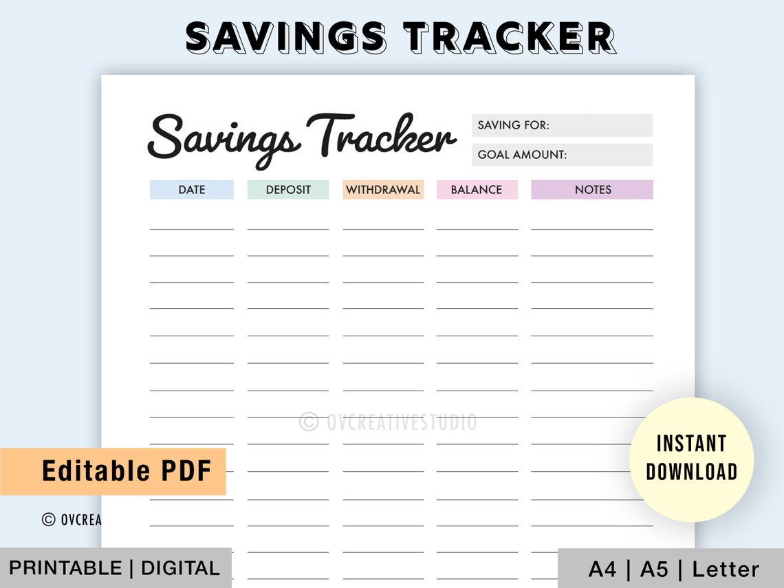 Editable Savings Tracker | Printable, Digital | Savings Log | Money ...