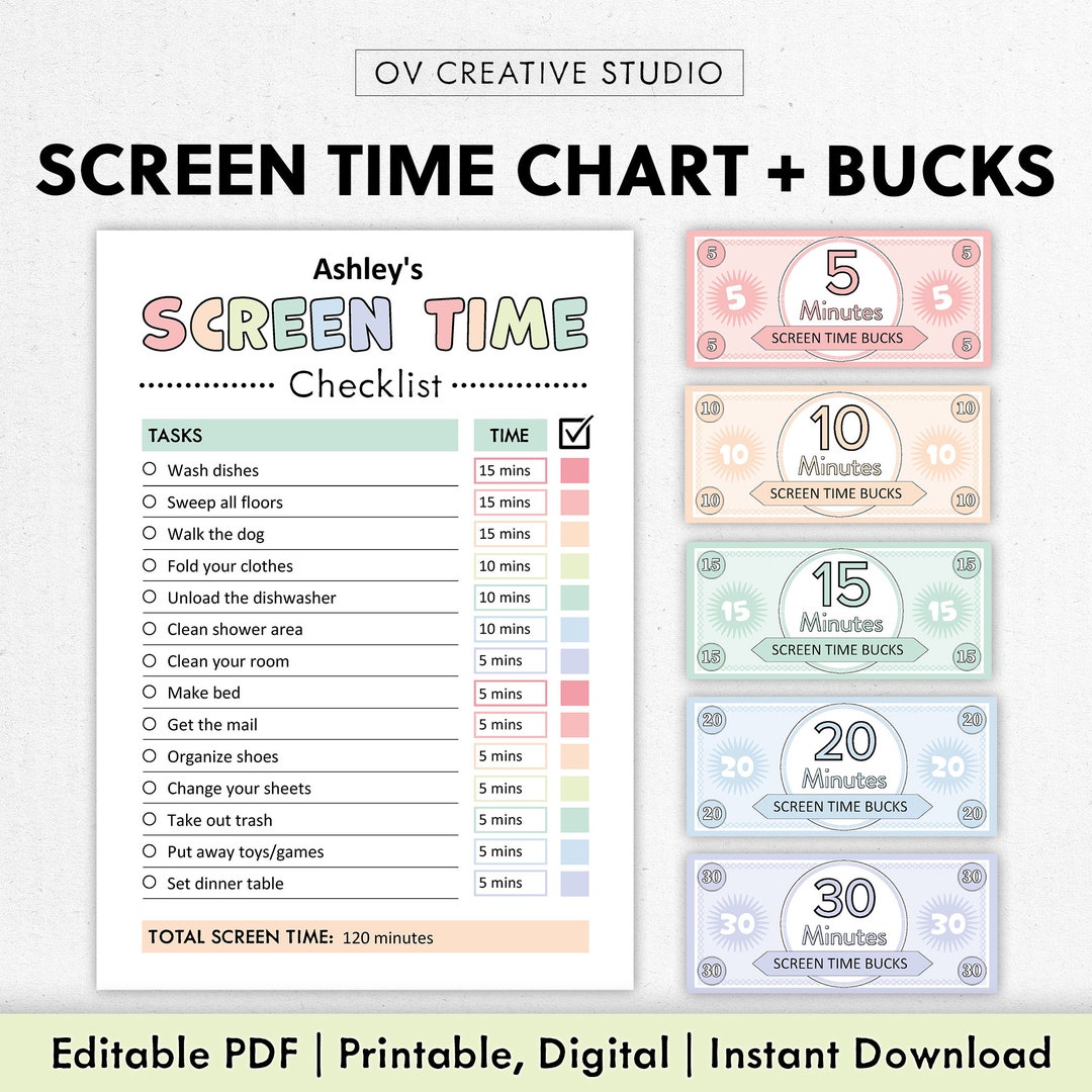 Editable Screen Time Chart, Printable Screen Reward Bucks, Reward Chart ...