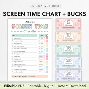 Editable Screen Time Chart, Printable Screen Reward Bucks, Reward Chart ...