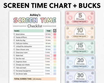 Editable Screen Time Chart, Printable Screen Reward Bucks, Reward Chart ...