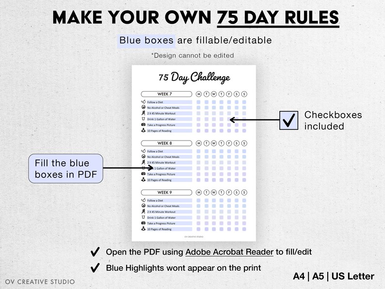 Editable 75 Day Challenge Tracker Bundle | Printable | Daily 75 Day ...