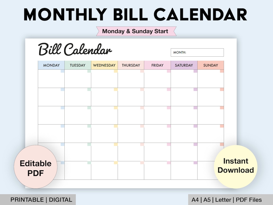 Editable Bill Calendar | Printable Monthly Bill Planner | Monthly Bill ...