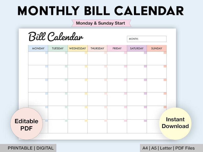 Editable Bill Calendar | Printable Monthly Bill Planner | Monthly Bill ...
