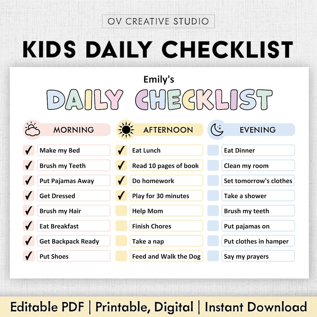 Editable Daily Checklist for Kids | Printable | Kids Responsibility ...