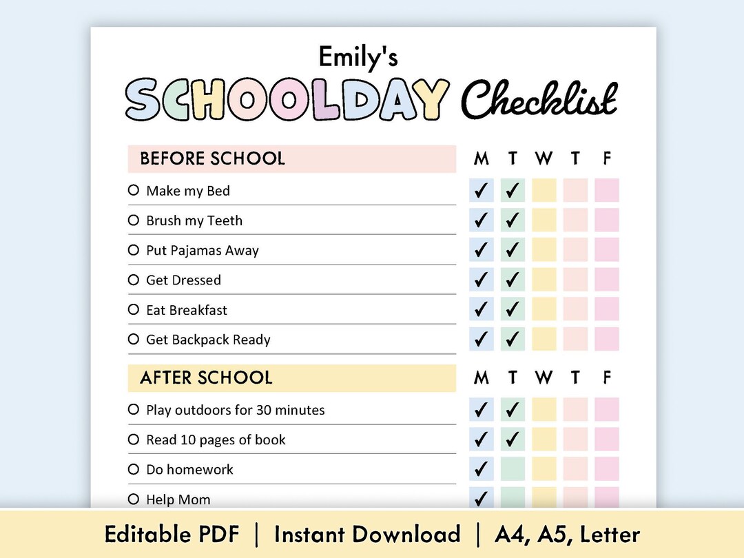 Editable Schoolday Checklist for Kids | Printable | Kids Chore Chart ...
