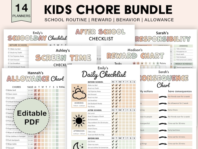 Editable Kids Chore Charts Reward Allowance Screen Time - Etsy