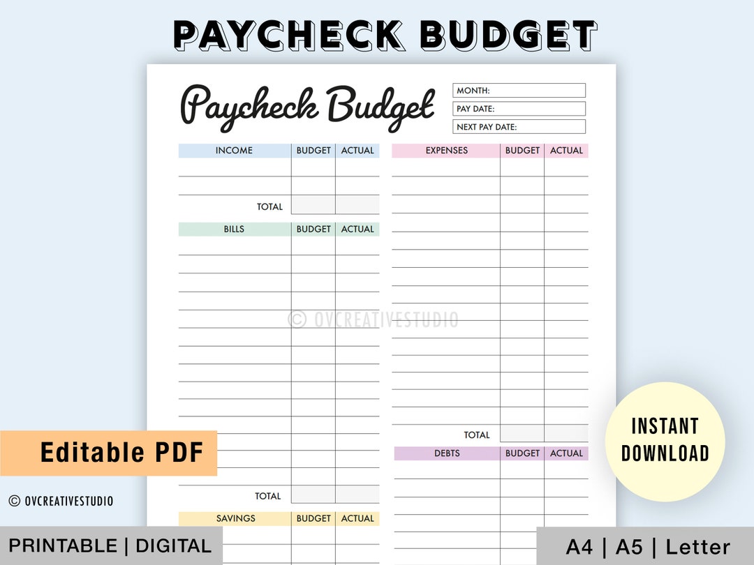Editable Paycheck Budget Planner | Printable | Personal Budget Template ...