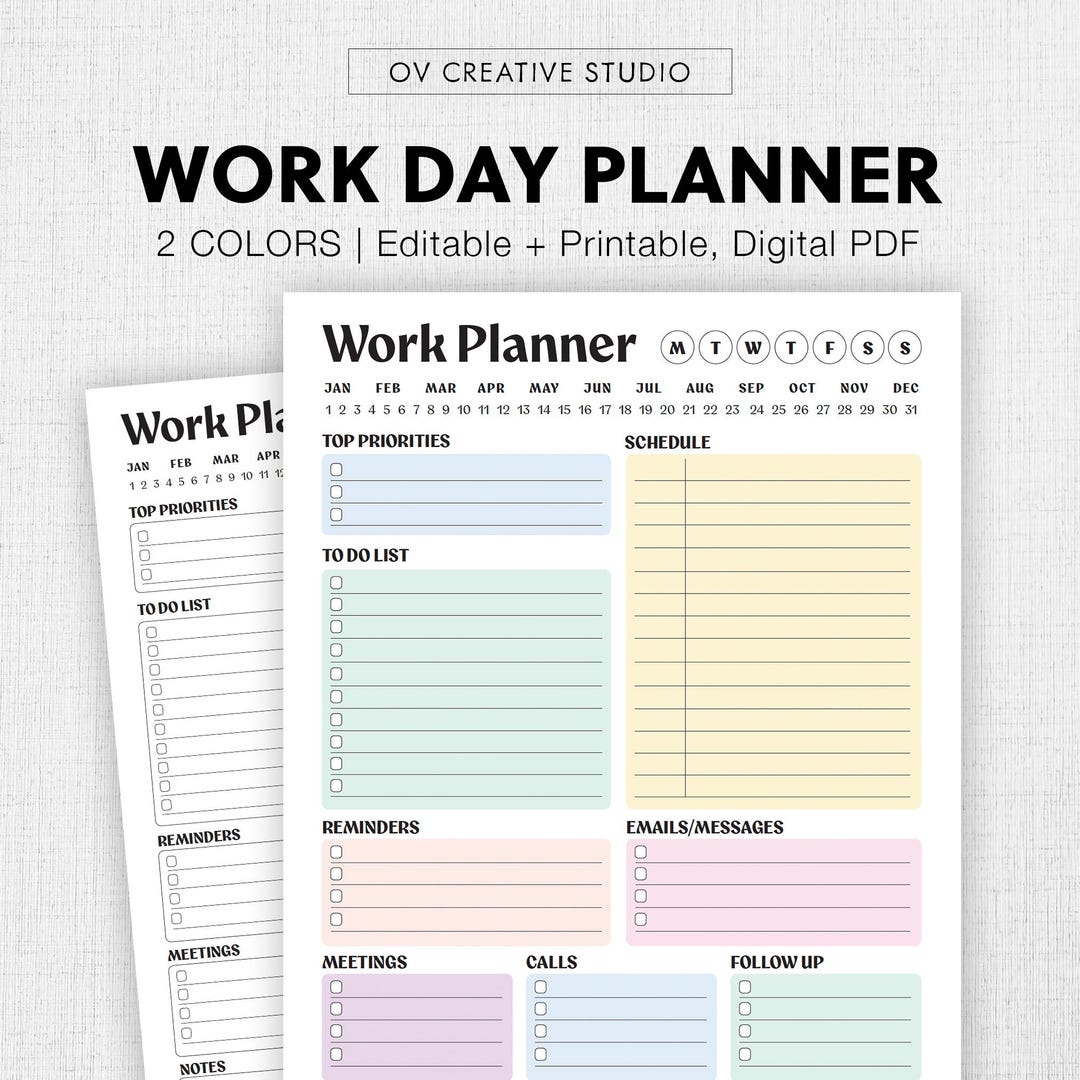 Editable Work Day Planner | Printable Work Day Organizer | Office Task ...