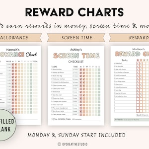 Editable Kids Chore Charts, Reward, Allowance, Screen Time, School ...