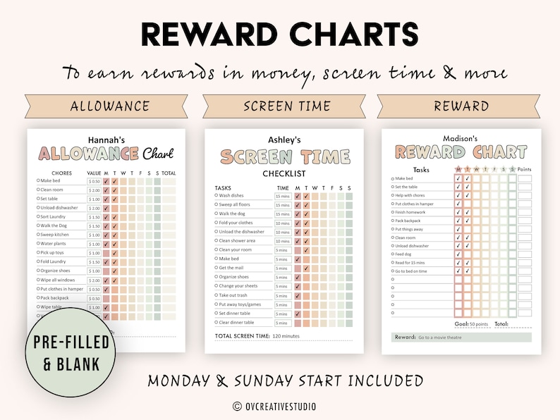 Editable Kids Chore Charts, Reward, Allowance, Screen Time, School ...