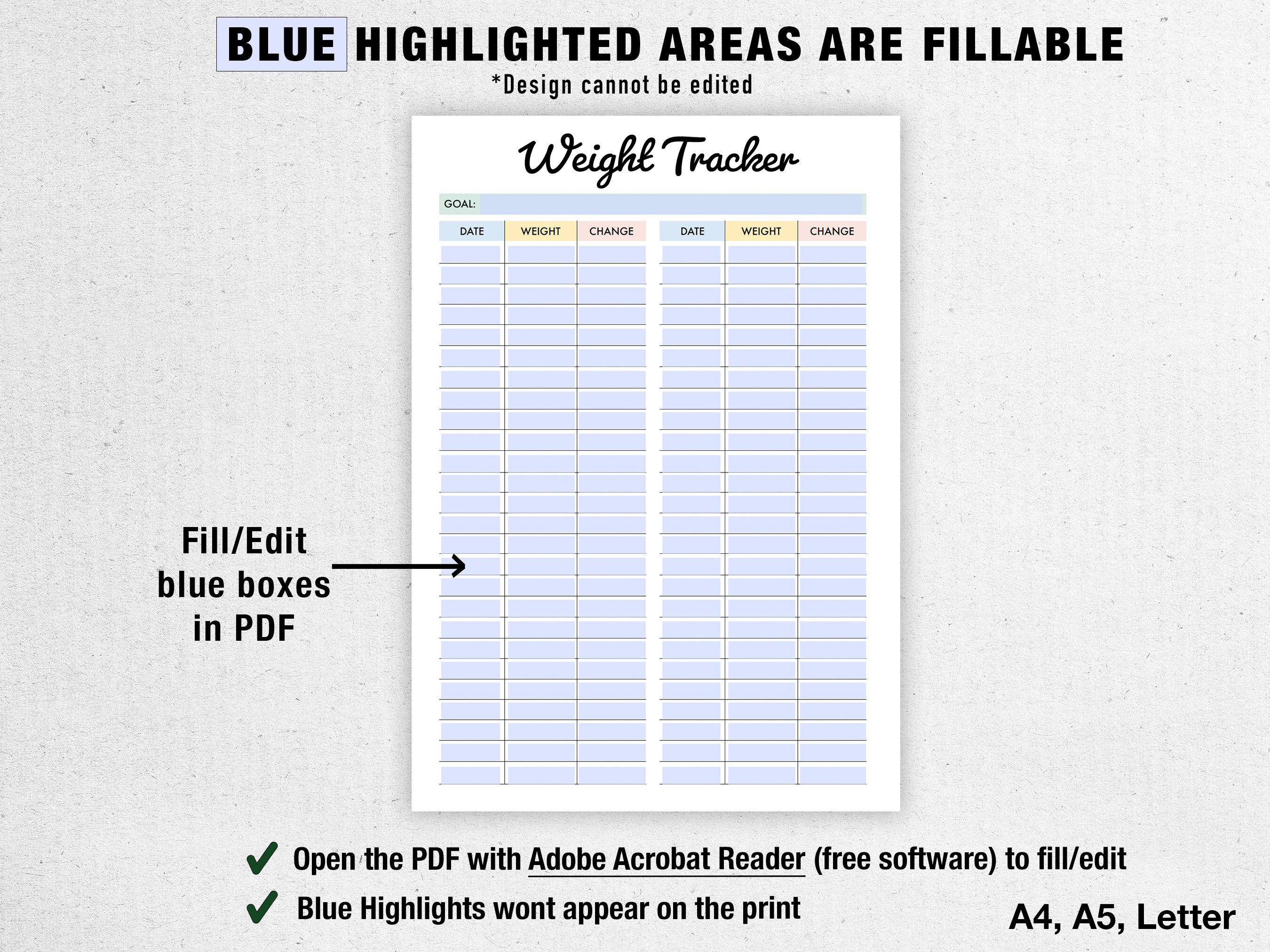 Weight Tracker | Printable, Editable | Weight Log | Weight Loss Chart ...