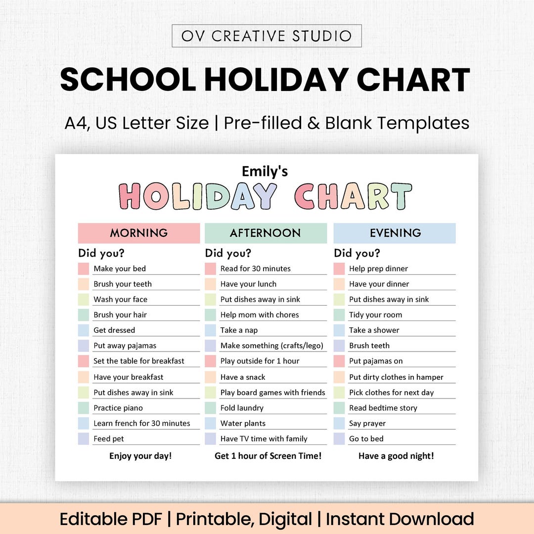 Editable Holiday Chart for Kids | School Break Checklist | Daily ...