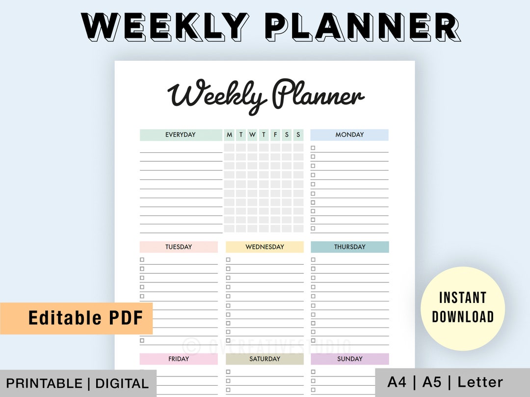 Editable Weekly Planner | Printable, Digital | Weekly Planner PDF ...