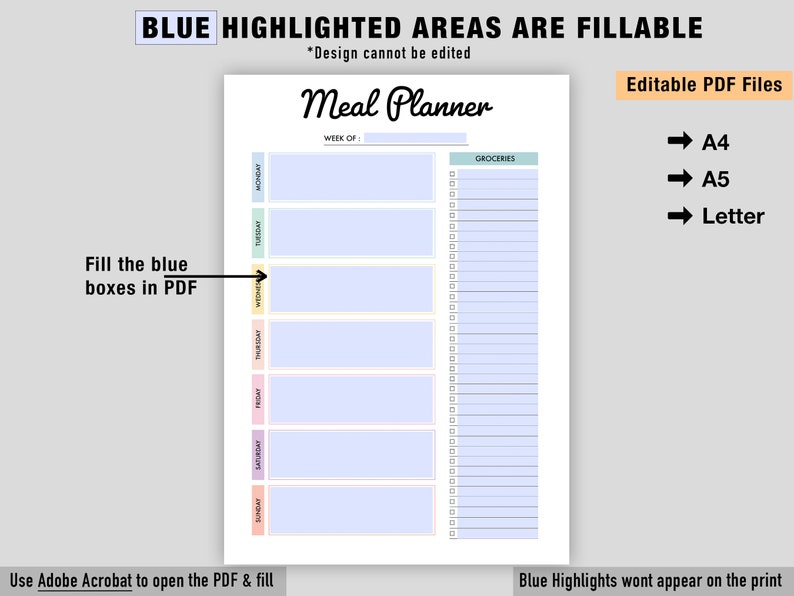 Editable Weekly Meal Planner Grocery List Printable - Etsy
