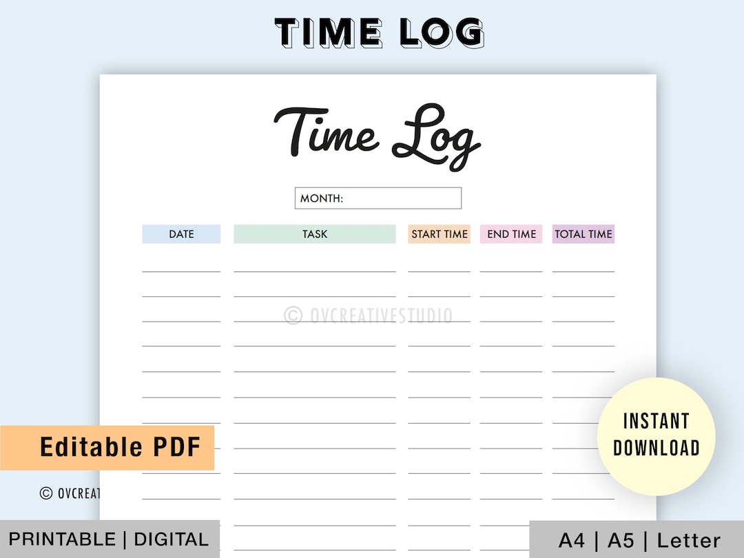 Editable Time Log, Time Sheet, Printable Work Planner, Time Tracker ...
