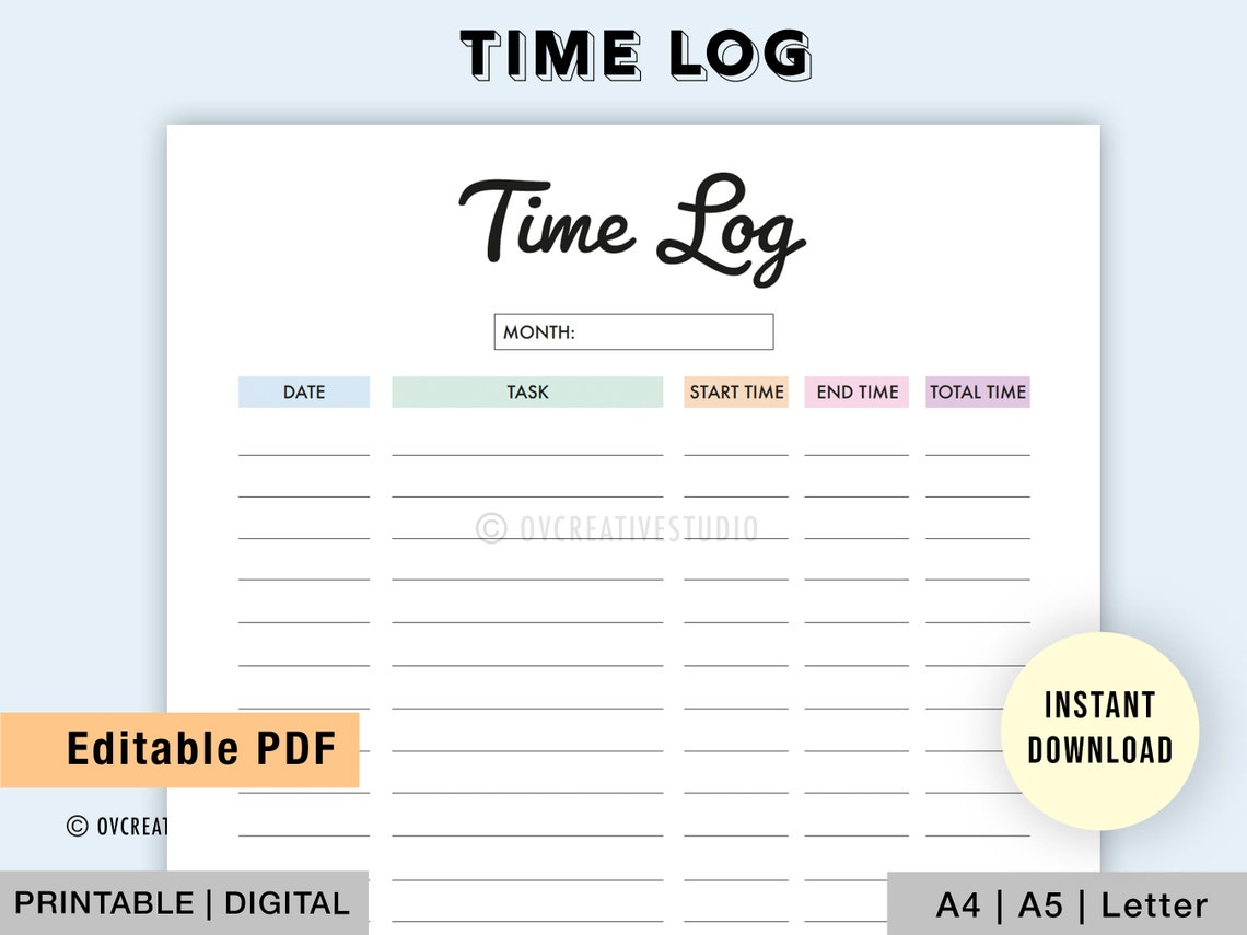 Editable Time Log, Time Sheet, Printable Work Planner, Time Tracker ...