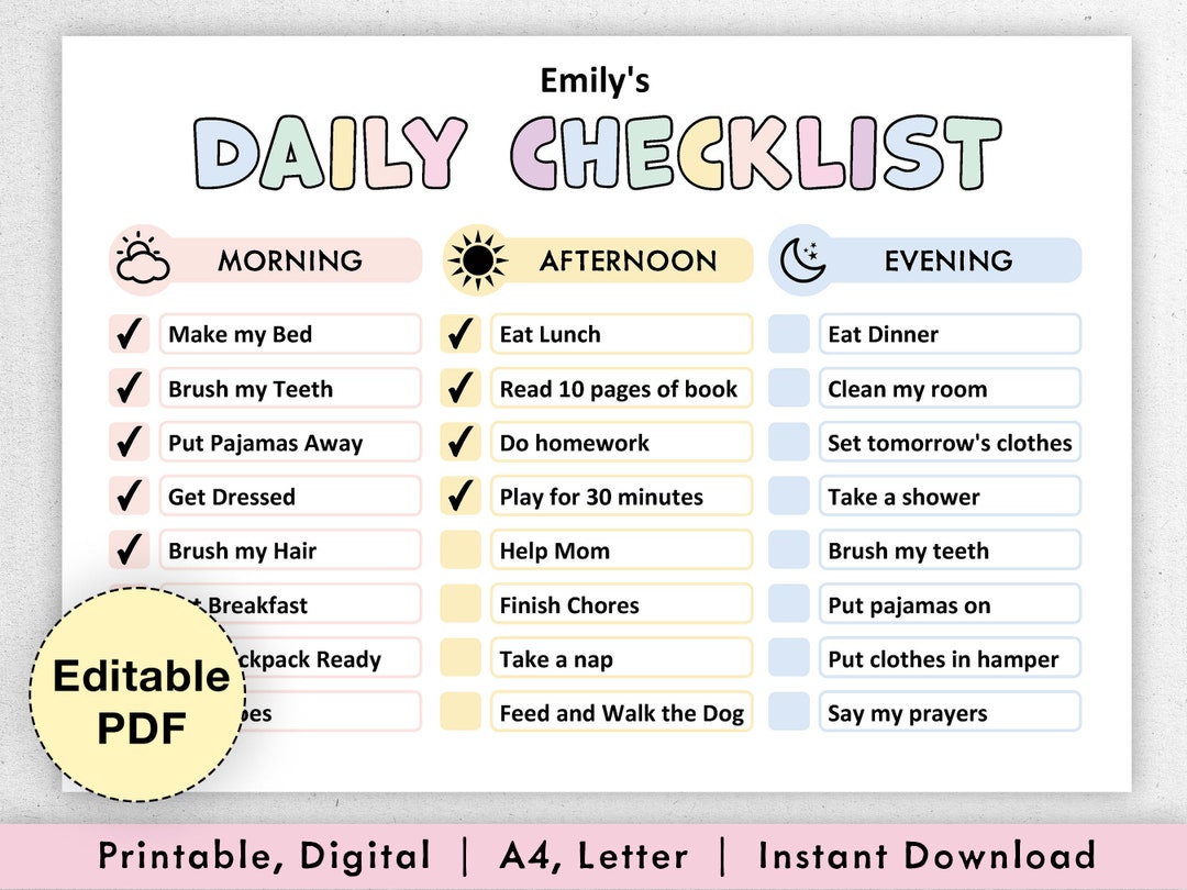 Editable Daily Checklist for Kids Printable Kids - Etsy