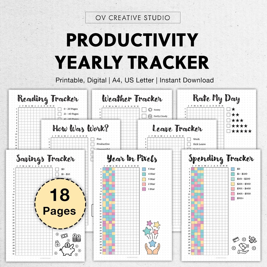 Yearly Productivity Pixel Tracker Bundle, Printable Premade Bullet ...