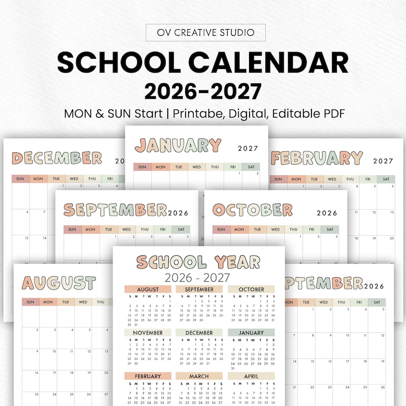 School Calendar Bundle 2026 - 2027 | Printable, Digital | Monthly ...