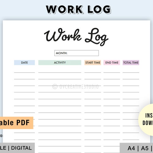 Printable Work Time Log and Tracker Activity Hours Log - Etsy
