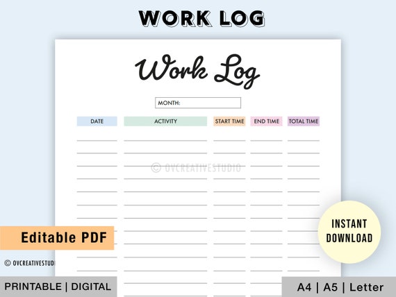 Stationery Paper Time Log Time Spent Tracker PDF Format Tracker ...