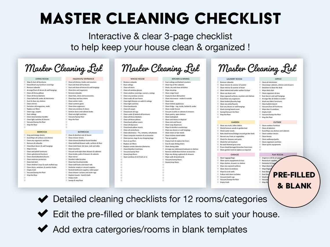 Editable Master Cleaning Checklist | Cleaning Planner | Cleaning ...