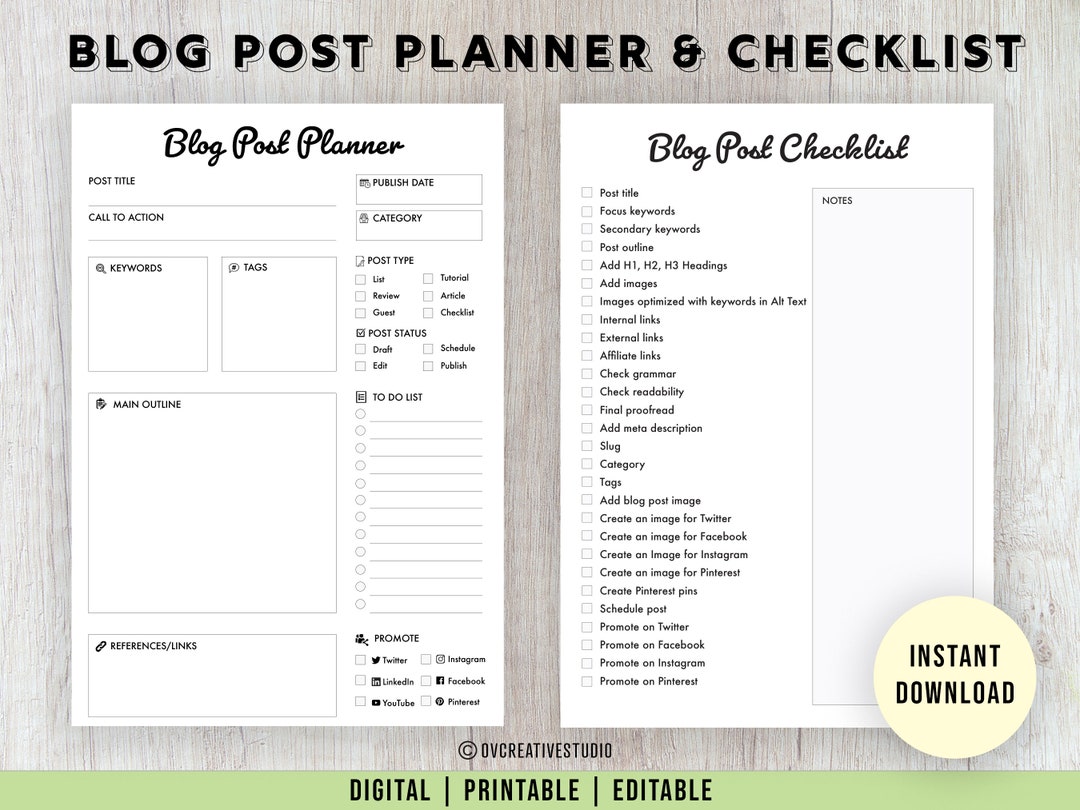 Editable Blog Post Planner & Checklist - Printable, Digital | Content ...