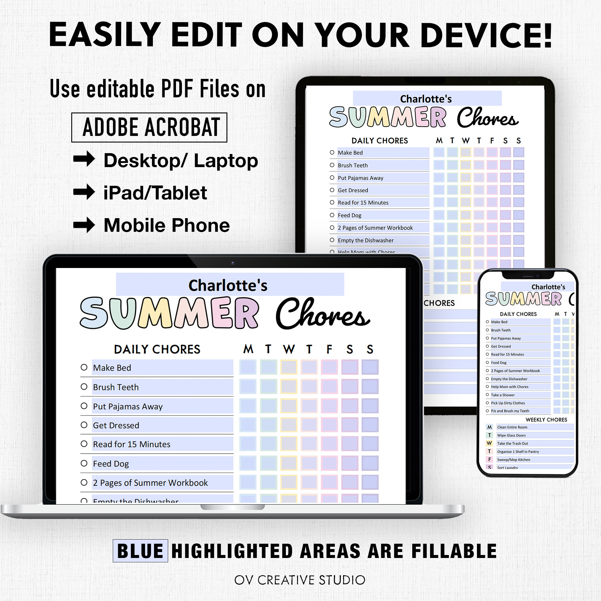 Editable Summer Chore Chart for Kids, Printable, Digital, Summer ...