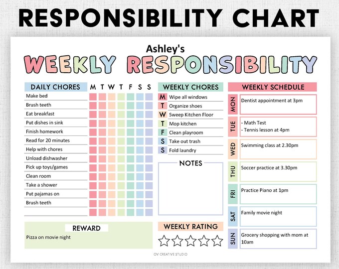 Editable Responsibility Chore Chart for Kids, Rainbow Responsibility ...