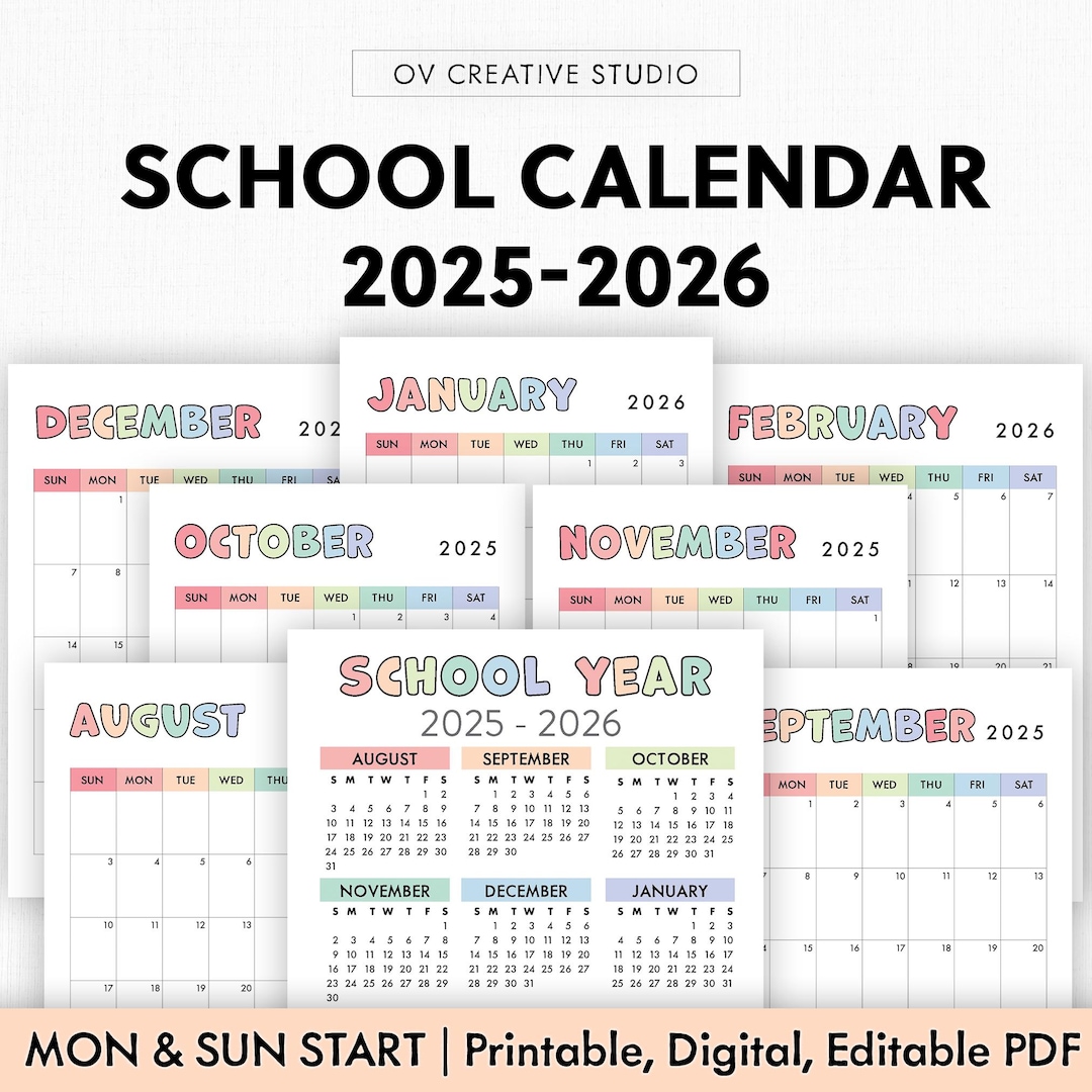 School Calendar Bundle 2025 - 2026 | Printable, Digital | Monthly ...